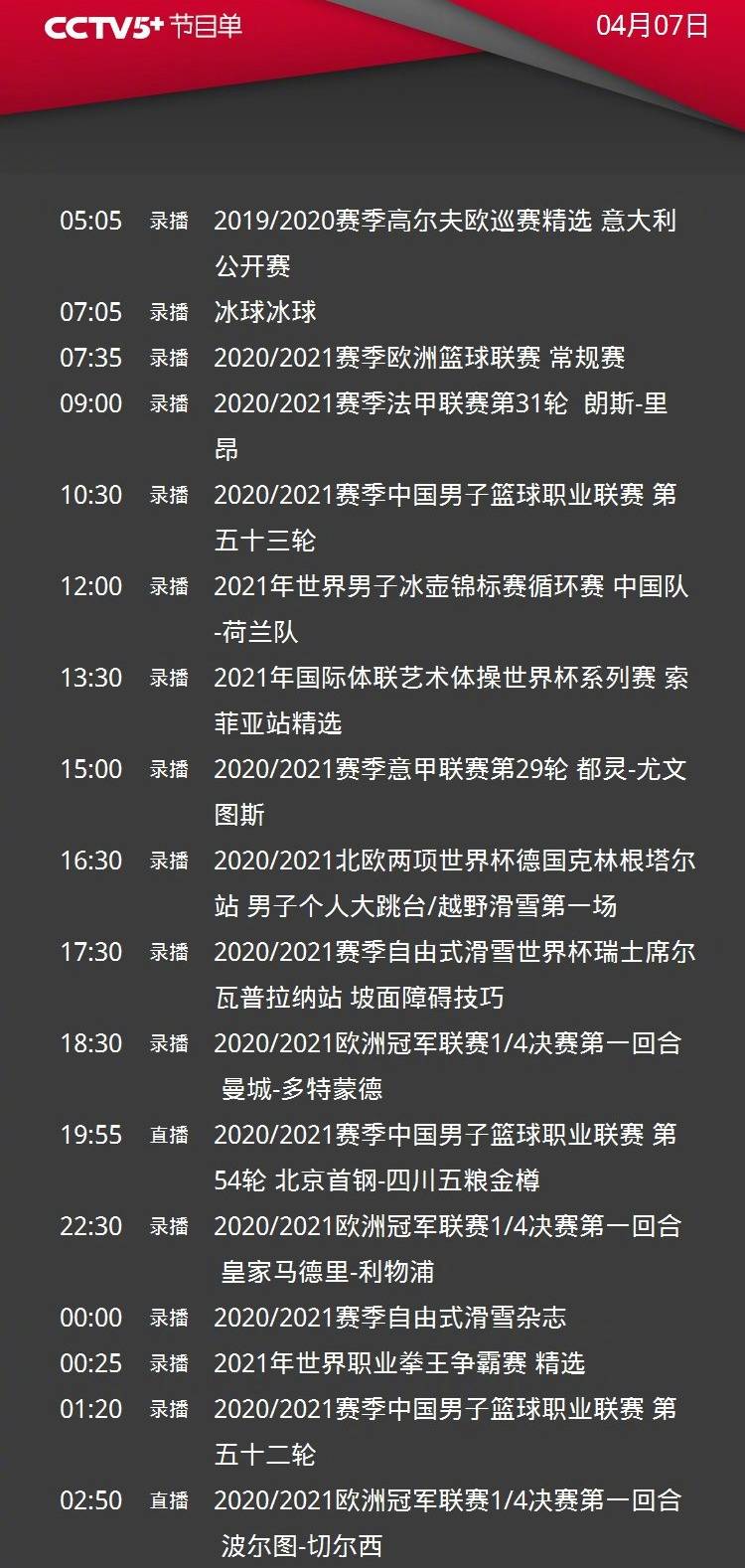 CCTV5直播欧冠拜仁vs大巴黎+广东男篮，5+转CBA最水冠军PK首钢+波尔图PK切尔西_广厦