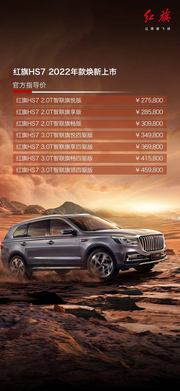 2022款红旗HS7正式上市 售价27.58-45.98万元_搜狐汽车_搜狐网