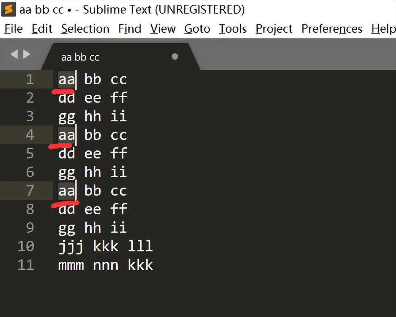 文字的批量操作-sublime text_Shift_Ctrl_箭头