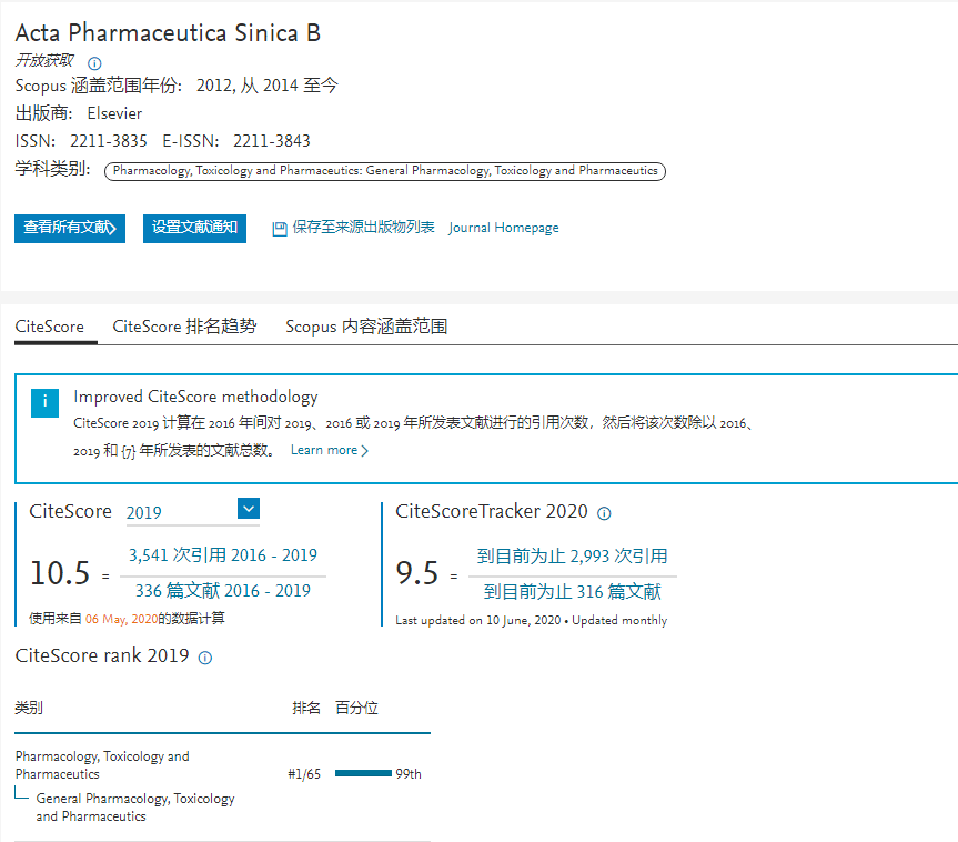 【喜讯】《药学学报》英文刊（APSB）2019年影响因子7.097，CiteScore 10.5！_期刊