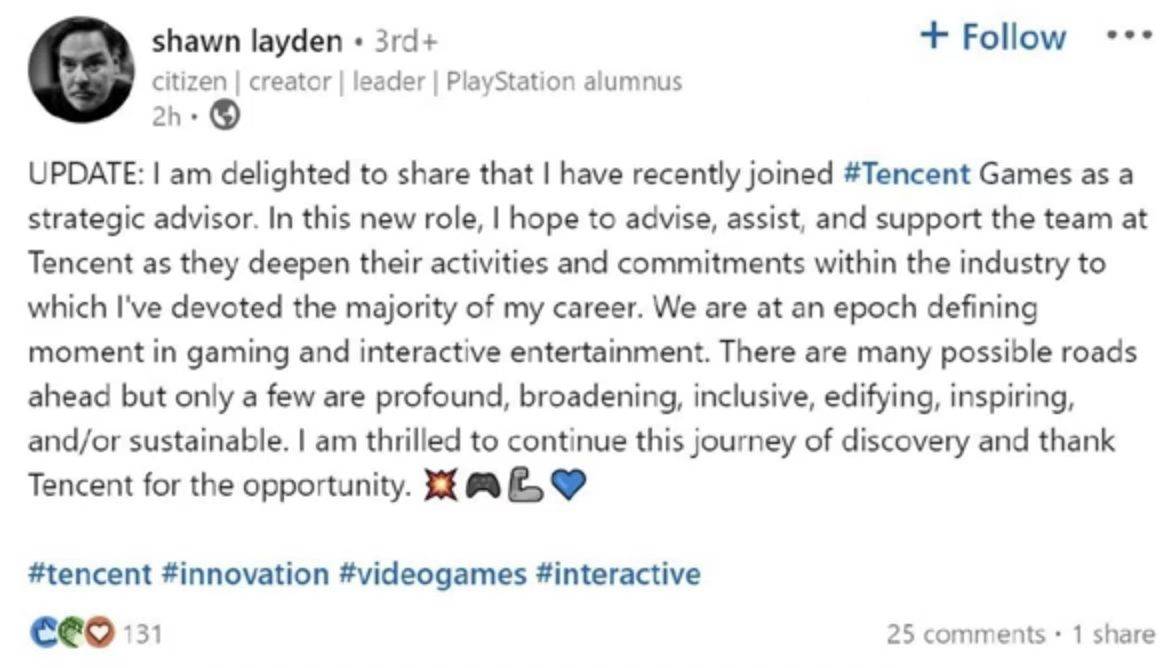 前索尼互娱CEO加入腾讯游戏，担任战略顾问_Layden_娱乐_Shawn