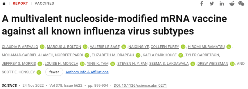Science：通用流感疫苗有戏！开发出一种针对所有20种已知的流感病毒亚型的实验性mRNA疫苗_Hensley_死亡_研究