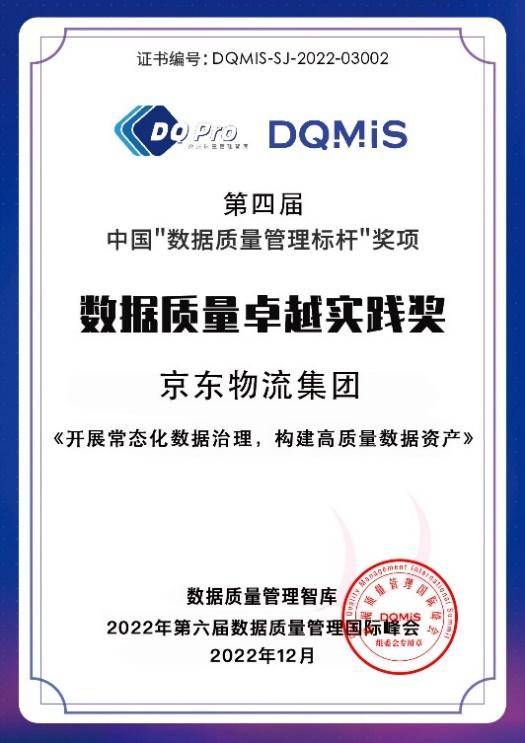 行业唯一！京东物流荣获DQMIS 2022数据质量卓越实践奖_管理_业务_企业