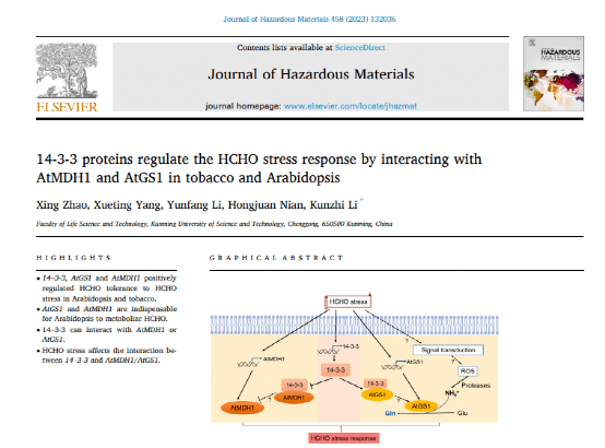 J Hazard Mater | 昆明理工大学揭示了一个由14-3-3蛋白介导的甲醛胁迫响应机制_代谢_作用_烟草