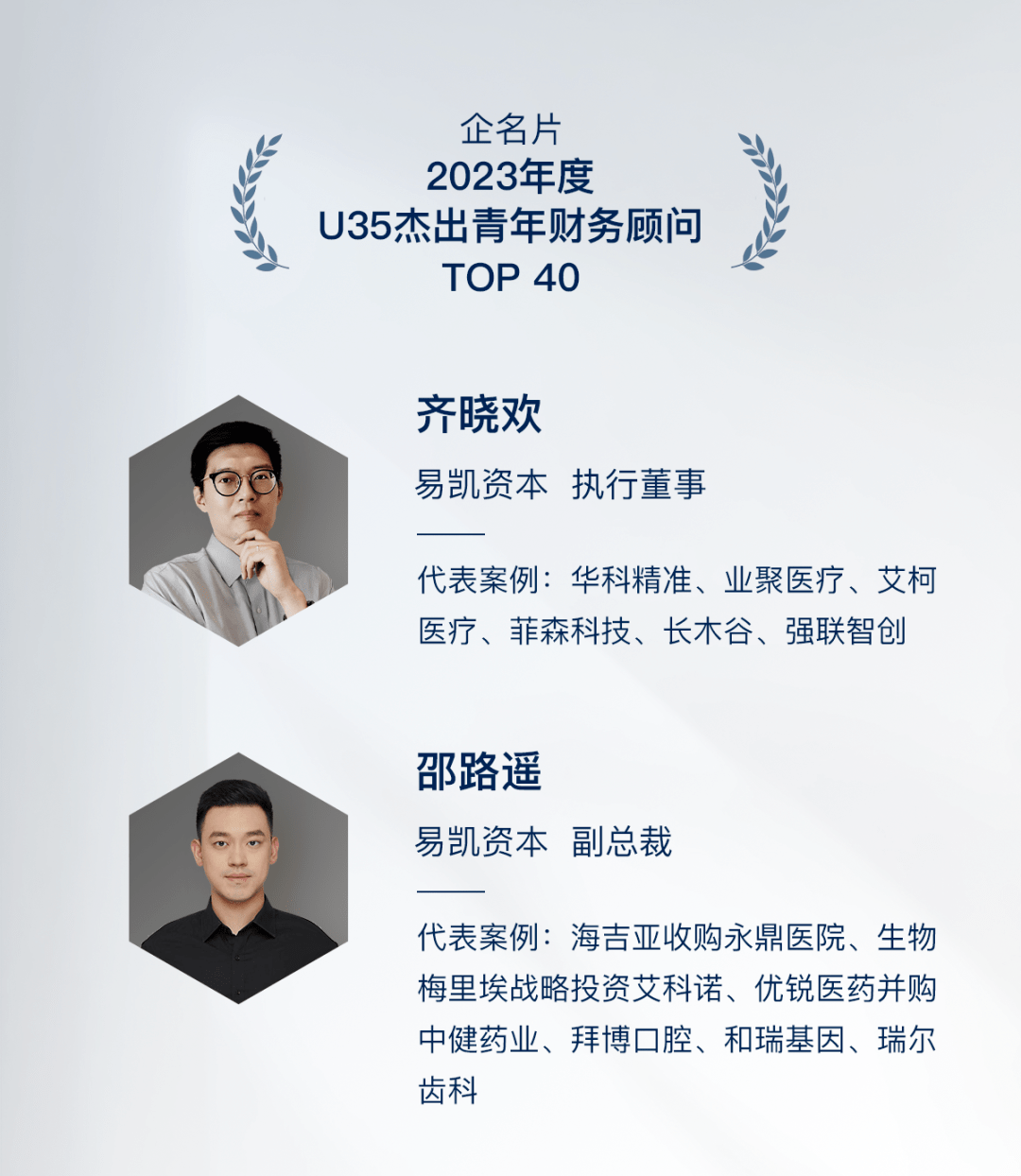 易凯资本齐晓欢、邵路遥上榜企名片「2023年U35中国杰出青年财务顾问」_交易_医疗_并购