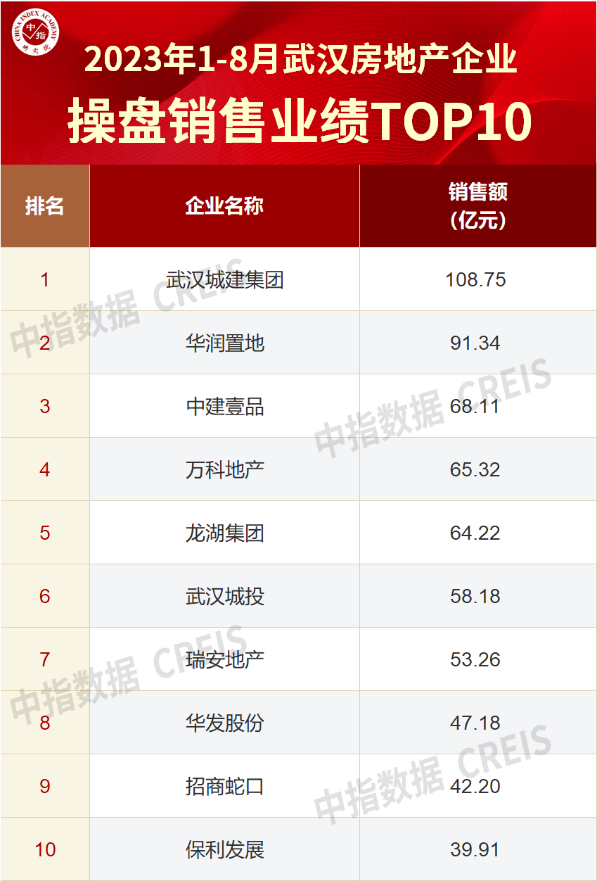 2023年1-8月武汉房地产企业销售业绩TOP30_项目_市场_成交