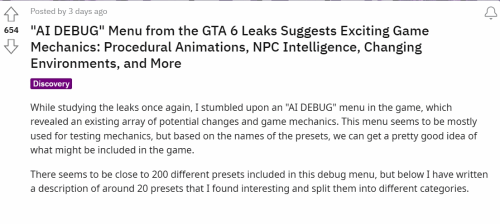 《GTA6》AI Debug菜单泄露 包含大量新系统内容_版本_游戏_信息