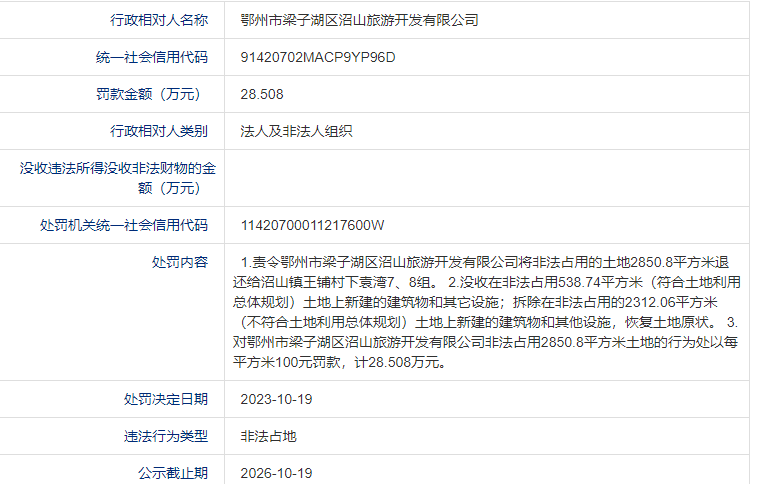 罚285080元！鄂州一公司非法占用_土地_梁子湖区_开发