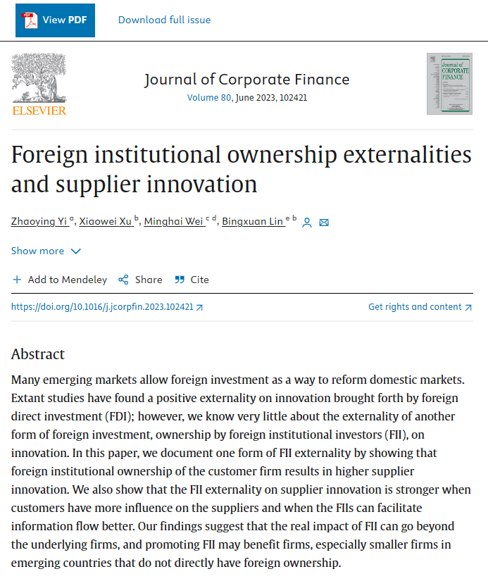论文导读||Foreign Institutional Ownership Externalities and ..._投资_创新_机构